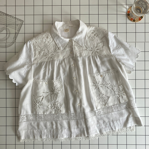 Recycled cutwork tablecloth shirt – a circular story