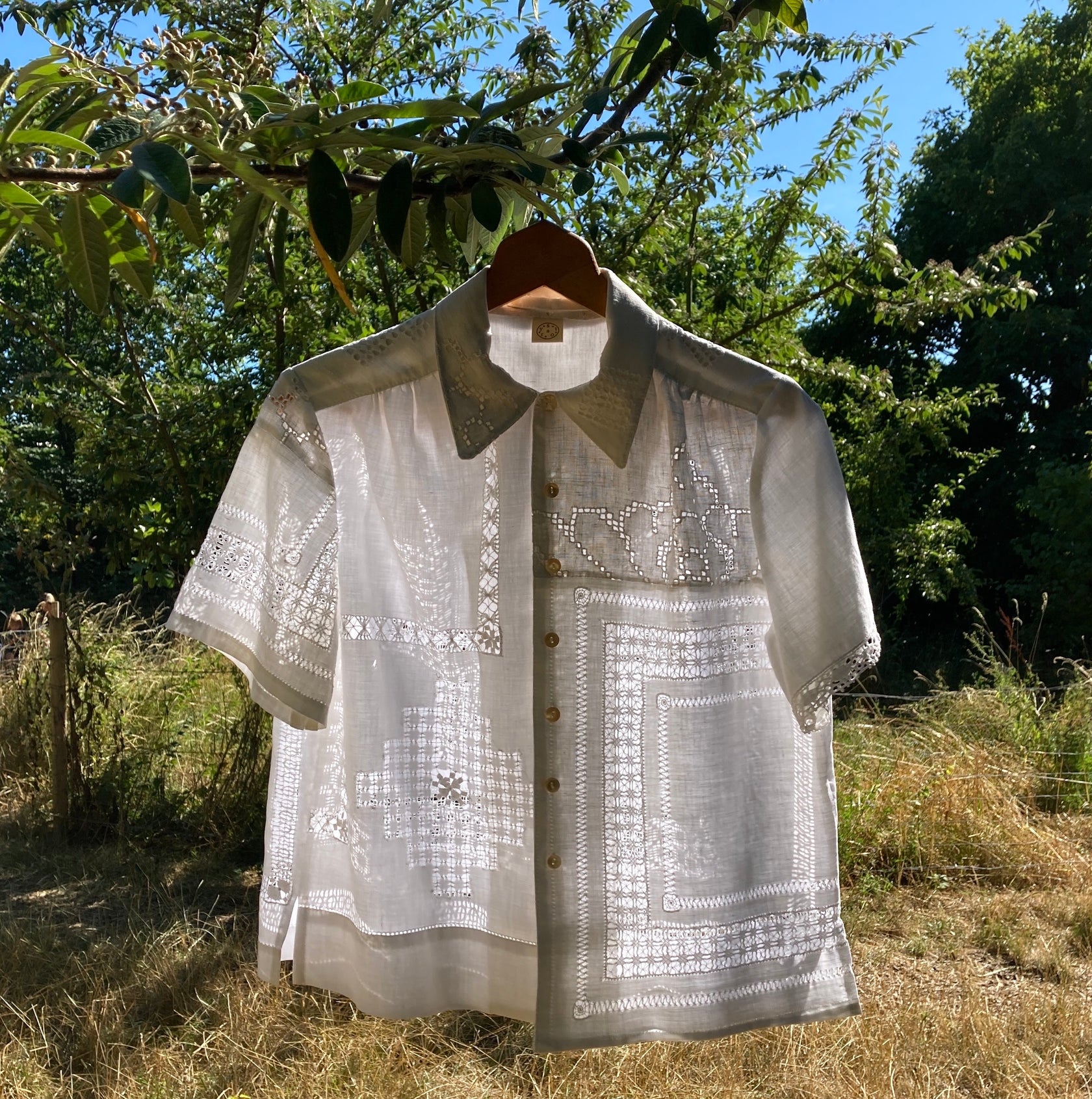 Handmade patchwork cutwork tablecloth shirt – a circular story