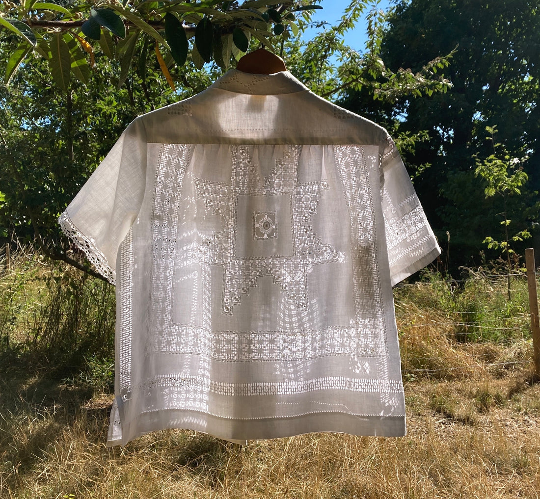Handmade patchwork cutwork tablecloth shirt – a circular story